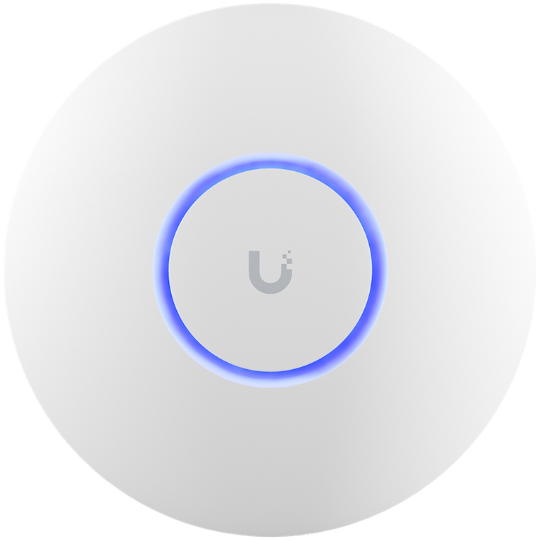 UBIQUITI U6+, WiFi 6, 4 spatial streams, 140 m² (1,500 ft²) coverage, 300+ connected devices, PoE, GbE uplink.