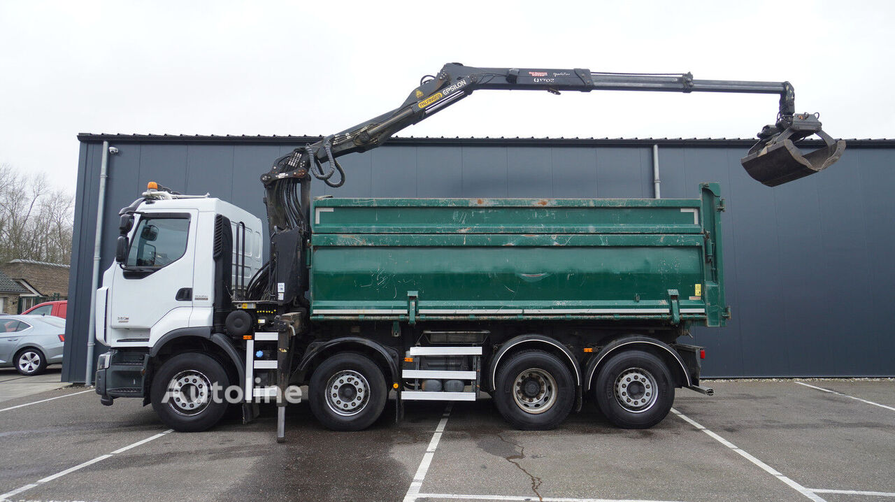 Renault PREMIUM 380 DXI 8X2/6 2 SIDE TIPPER WITH PLFINGER Q 170 Z CRANE. kiper