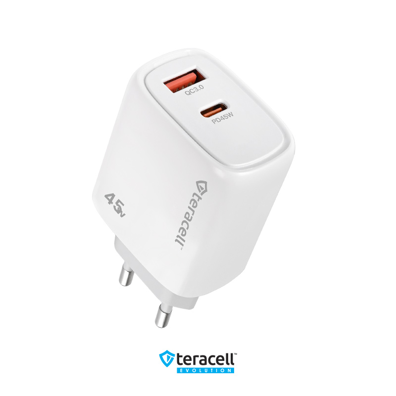 Kucni punjac Teracell Evolution TC-19, GAN, QC, PD Fast charging 45W sa PD type C kablom beli CE