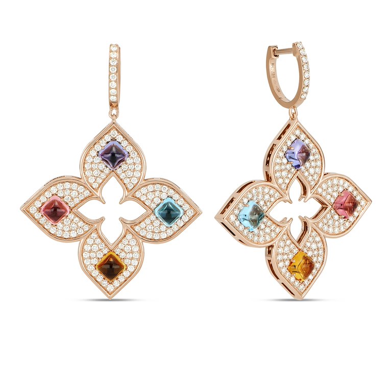 Venetian Princess Carnival pavé diamond and mixed stones large open flower drop earrings