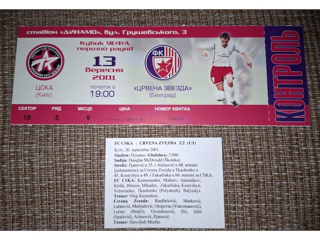 CSKA Kijev - Crvena zvezda 20.09.2001. Ulaznica