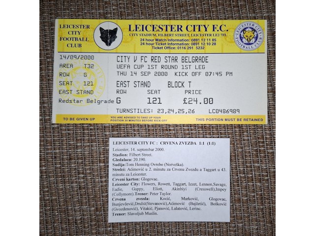 Lester siti - Crvena zvezda 14.09.2000. Ulaznica