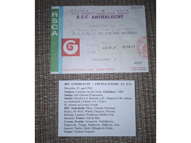RSC Anderleht - Crvena zvezda 15.04.1992. Ulaznica