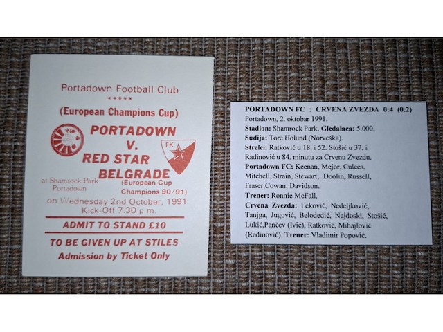 Portdaun - Crvena zvezda 02.10.1991. Ulaznica