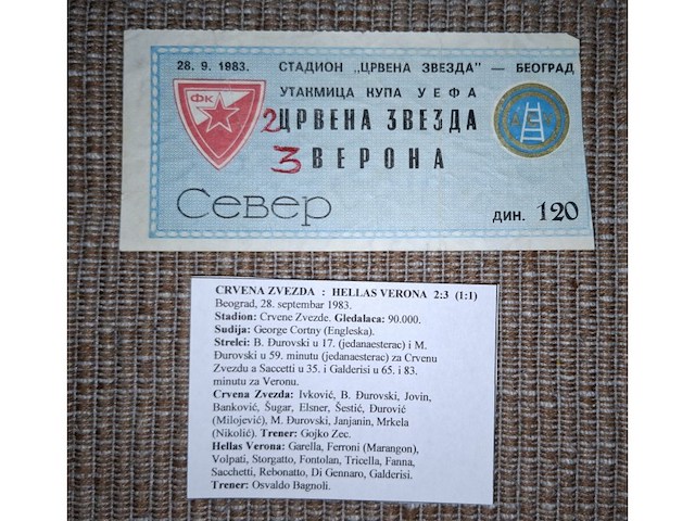 Crvena zvezda - Verona 28.09.1983. Ulaznica
