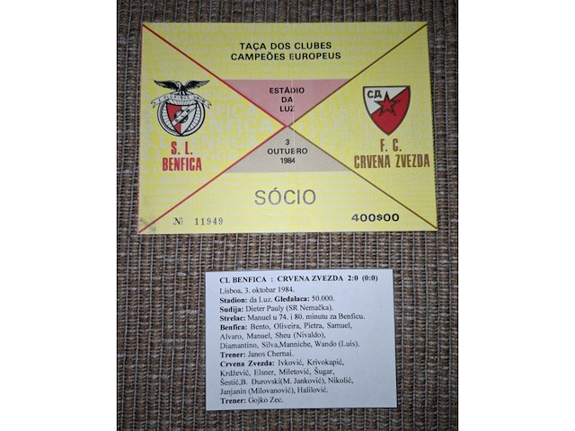 Benfika - Crvena zvezda 03.10.1984. Ulaznica