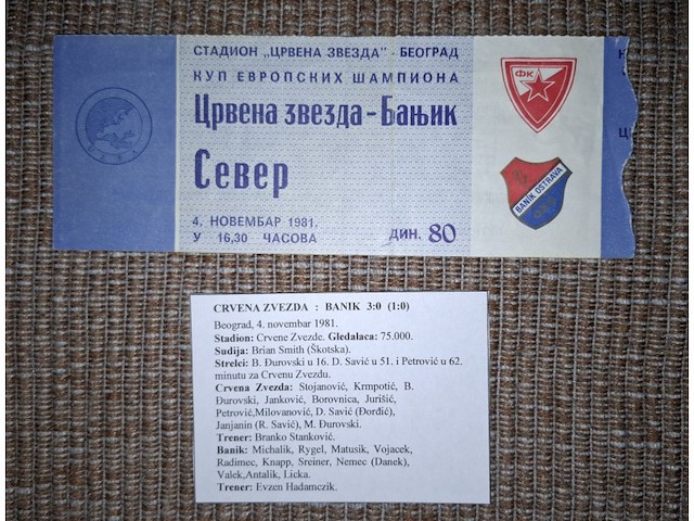Crvena zvezda - Banjik Ostrava 04.11.1981. Ulaznica