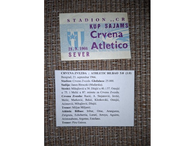 Crvena zvezda - Atletik Bilbao 21.09.1966. Ulaznica