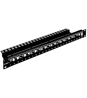19" Patch panel 24xRJ45 (SFA,SFB), 1HU, eco, prazan, crn
crni, jezičak prespojnog kabla okrenut prema dole