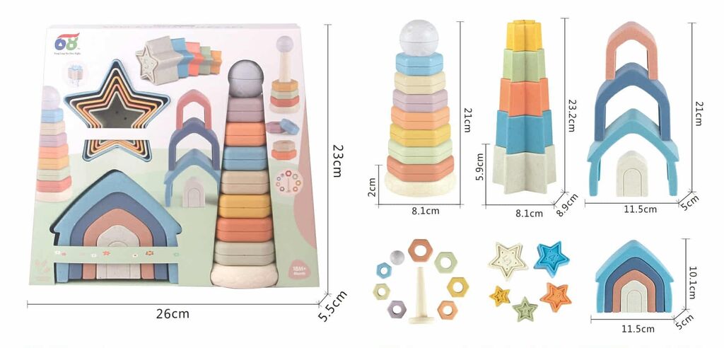 Drvena Montessori set slagalica 3 u 1 – toranj, zvezde i lukovi -