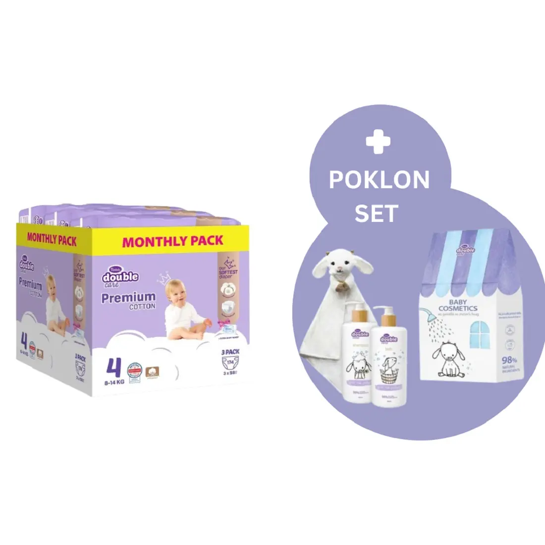 Violeta Pelene Premium Cotton Monthly Pack 4, 174 komada + Poklon set (šampon, kupka i igračkica za decu)