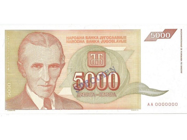 Jugoslavija 5000 dinara 1993. UNC SPECIMEN
