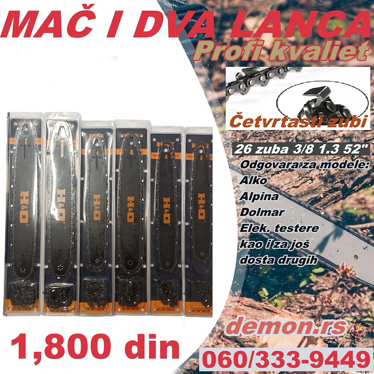 Set mač i dva lanca 26 zuba 3/8 1.3 52 26 četvrtasta zuba