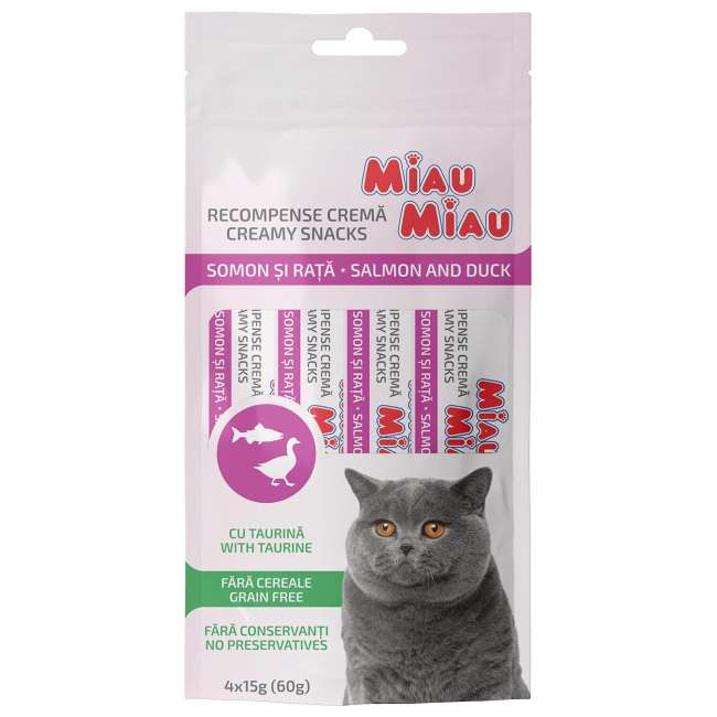 MIAU MIAU KREMASTA POSLASTICA ZA MAČKE PAČETINA I LOSOS 4*15GR