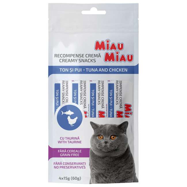 MIAU MIAU KREMASTA POSLASTICA ZA MAČKE PILETINA I TUNA 4*15GR