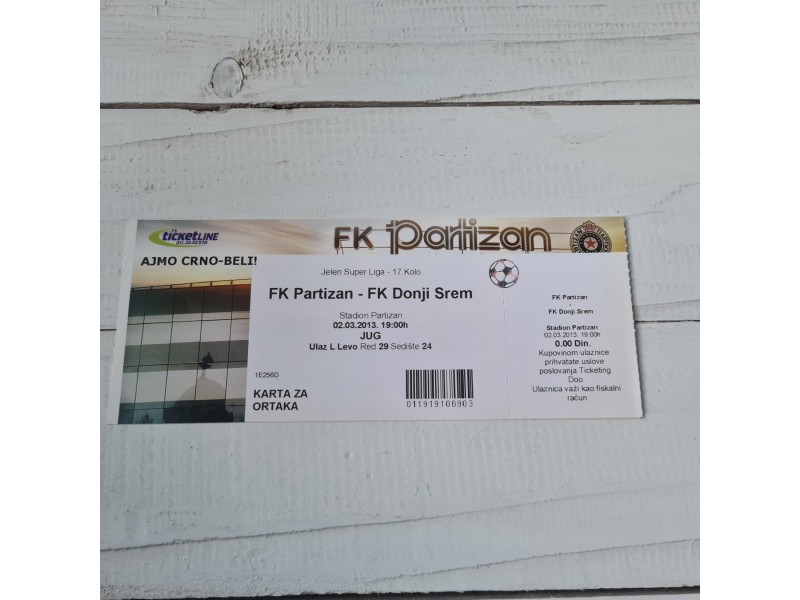 FK Partizan - FK Donji Srem ulaznica, neiskoriscena