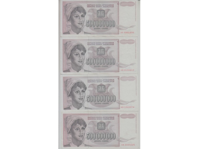 RASPRODAJA lot20 - 4*500.000.000din 1993. XF+UNC