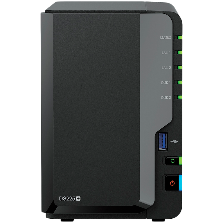 Synology DS225+, Tower, 2-bays 3.5'' SATA HDD/SSD, CPU Inte Celeron J4125 4-core (4-thread) 2.0 GHz, burst up to 2.7 GHz, 2 GB DDR4 non-ECC (expandable up to 6 GB), 1xRJ-45 1GbE LAN, 1xRJ-45 2.5 G...