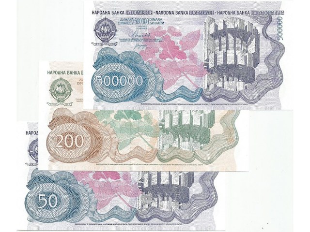 Jugoslavija lot spomenika 500.000, 50 i 200 Dinara UNC