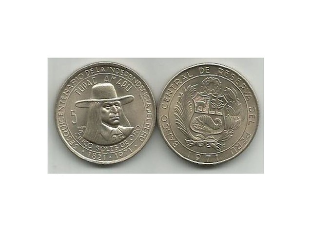 Peru 5 soles de oro 1971. Tupac Amaru UNC