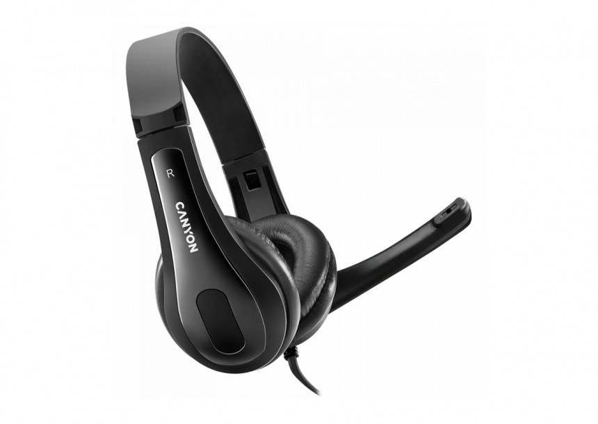 CANYON CHSU-1, basic PC headset with microphone, USB plug, leather pads, Flat cable length 2.0m, 160*60*160mm, 0.13kg, Black;