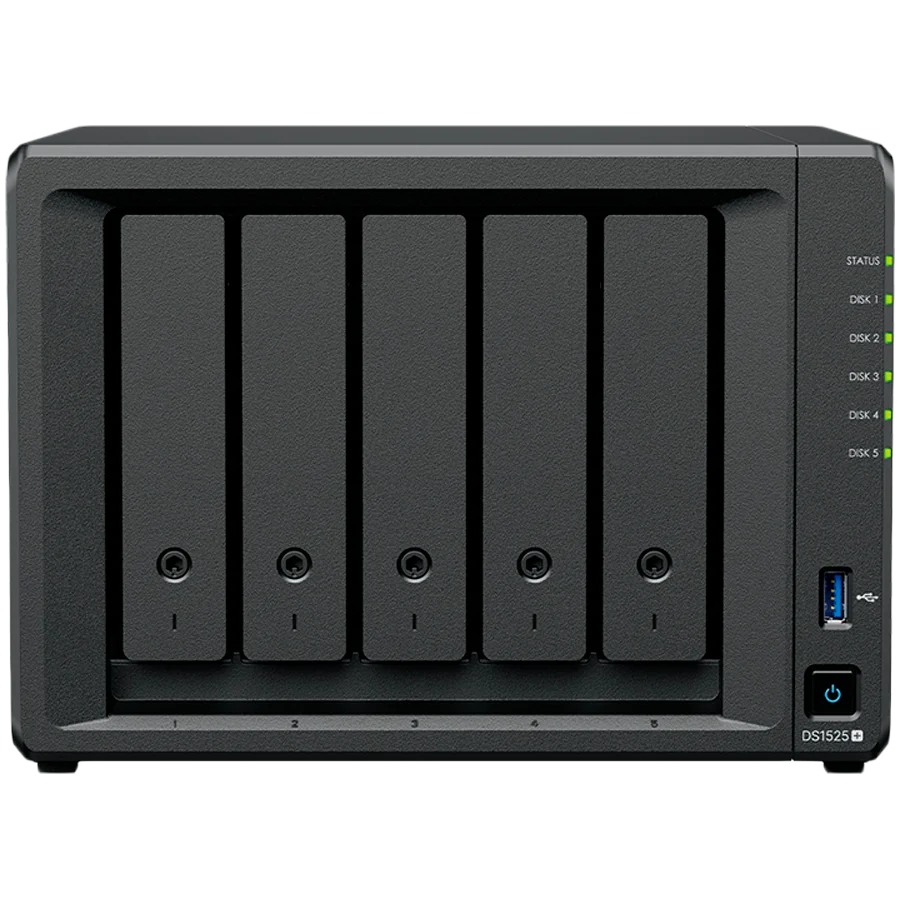 Synology DiskStation DS1525+ Tower, 5-Bays 3.5“ SATA HDD/SSD, 2 x M.2 2280 NVMe SSD slot, CPU AMD Ryzen V1500B 4-core 2.2 GHz, 8 GB DDR4 ECC SODIMM, 2x RJ-45 2.5 GbE LAN Port; 2x USB 3.2; 1 xUSB T...