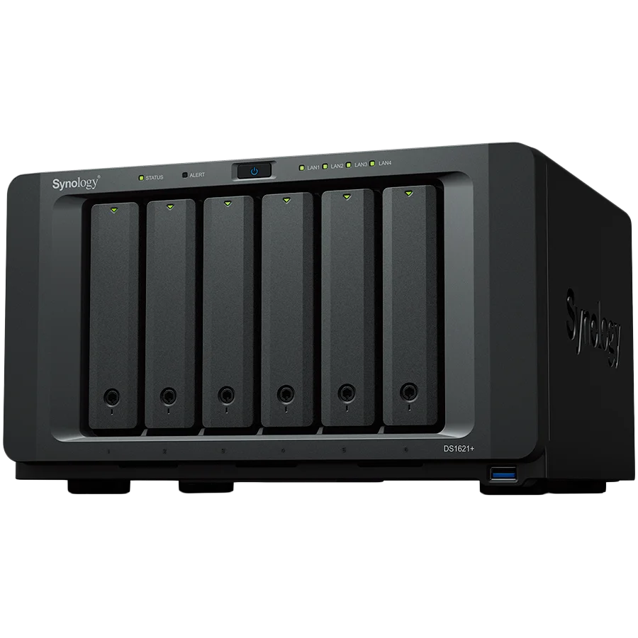 Synology DiskStation DS1621+,Tower,6-Bay 3.5“ SATA HDD/SSD, 2 x M.2 2280 NVMe SSD, CPU AMD Ryzen Quad-Core 2.2 GHz, 4 GB DDR4, 4 x RJ-45 1 GbE LAN, 3 x USB 3.0, 2 x eSATA (Expandable to 16 Bays wi...