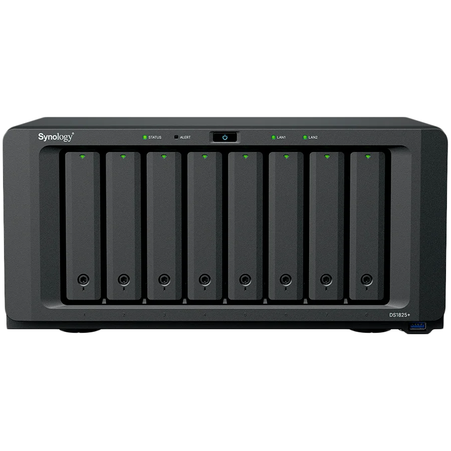 Synology DiskStation DS1825+, Tower, 8-BAY 3.5“ SATA HDD/SSD, 2xM.2 2280 NVMe SSD, CPU AMD Ryzen Quad-Core 2.2 GHz, 8GB DDR4, 2xRJ-45 2.5GbE LAN Port, 3xUSB 3.2, 2 x USB-C expansion ports (Expanda...