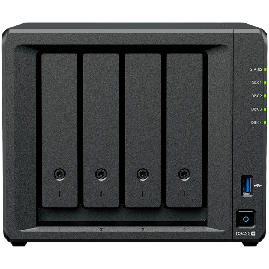 Synology DiskStation DS425+ Tower, 4-Bays 3.5“ SATA HDD/SSD, 2 x M.2 2280 NVMe SSD slot, CPU Intel Celeron J4125 4-core 2.0 GHz, 2 GB DDR4 non-ECC SODIMM, 1x RJ-45 2.5 GbE LAN, 1x RJ-45 1GbE LAN P...