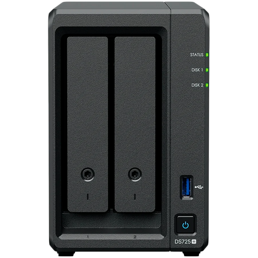 Synology DS725+, Tower, 2-Bays 3.5“ SATA HDD/SSD, 2 x M.2 2280 NVMe SSD, CPU AMD Ryzen R1600 dual-core (4-thread), max. boost up to 3.1 GHz, 4 GB DDR4 ECC SODIMM, 1 x 2.5 GbE, 1 x 1GbE, 1 x USB 3....