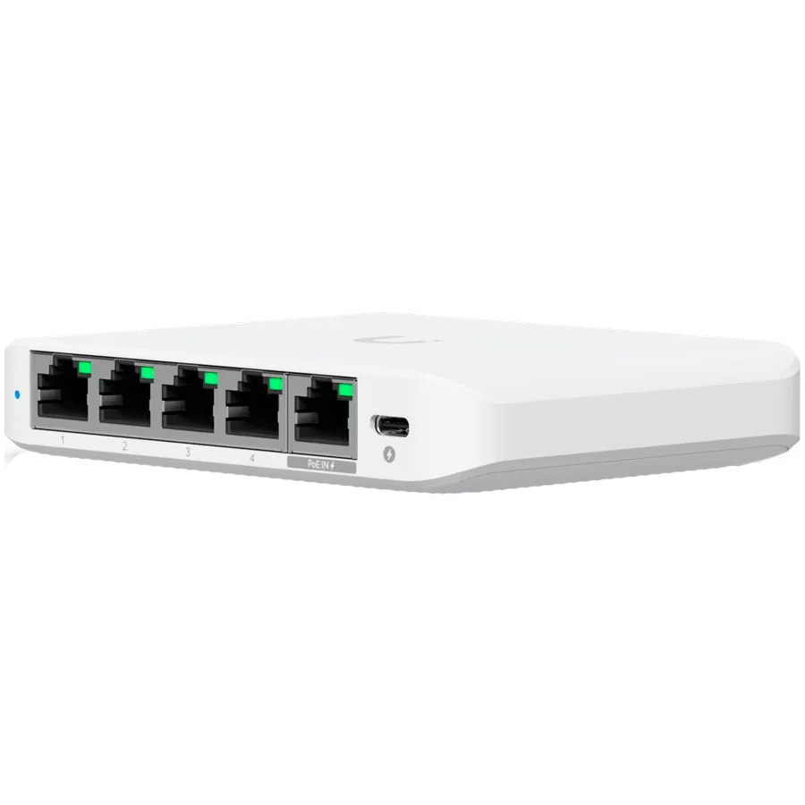 Ubiquiti 5-port 2.5G switch that can be powered with PoE or a USB-C adapter; 4x 2.5 GbE ports, 2.5 GbE PoE input port for power