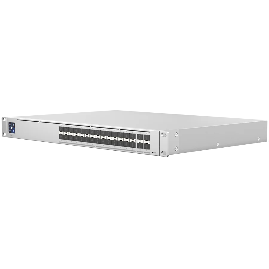 UBIQUITI Hi-Capacity Aggregation; (28) 10G SFP+ ports; (4) 25G SFP28 ports; DC power backup-ready; Layer 3 switching.