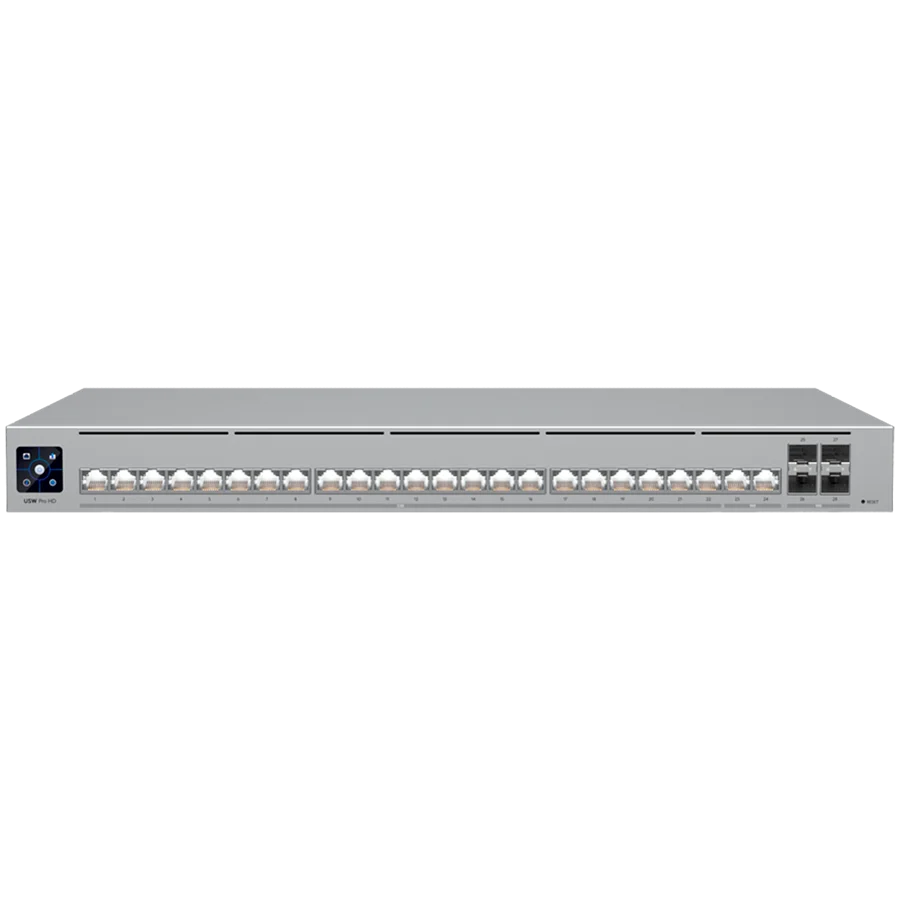 Ubiquiti Layer 3 Etherlighting switch USW-PRO-HD-24-EU, (22) 2.5 GbE, (2) 10 GbE ports, (4) 10G SFP+ ports. DC power backup ready