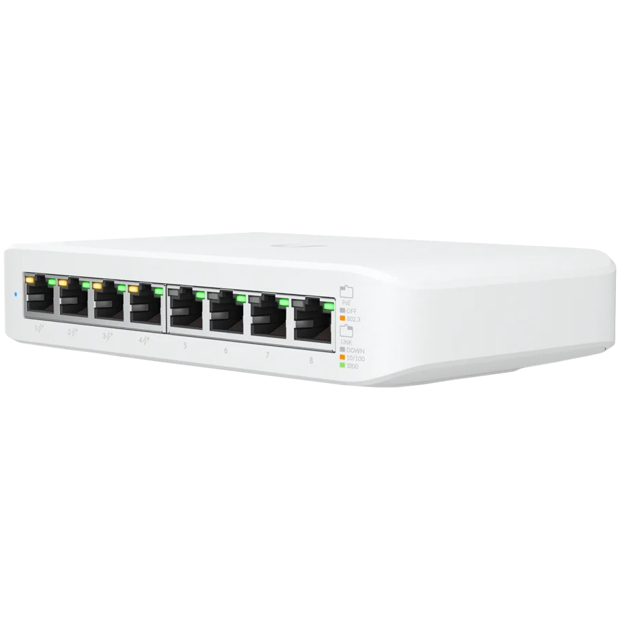 UBIQUITI Lite 8 PoE; (4) GbE PoE+, (4) GbE ports; 52W total PoE availability; Wall mountable.