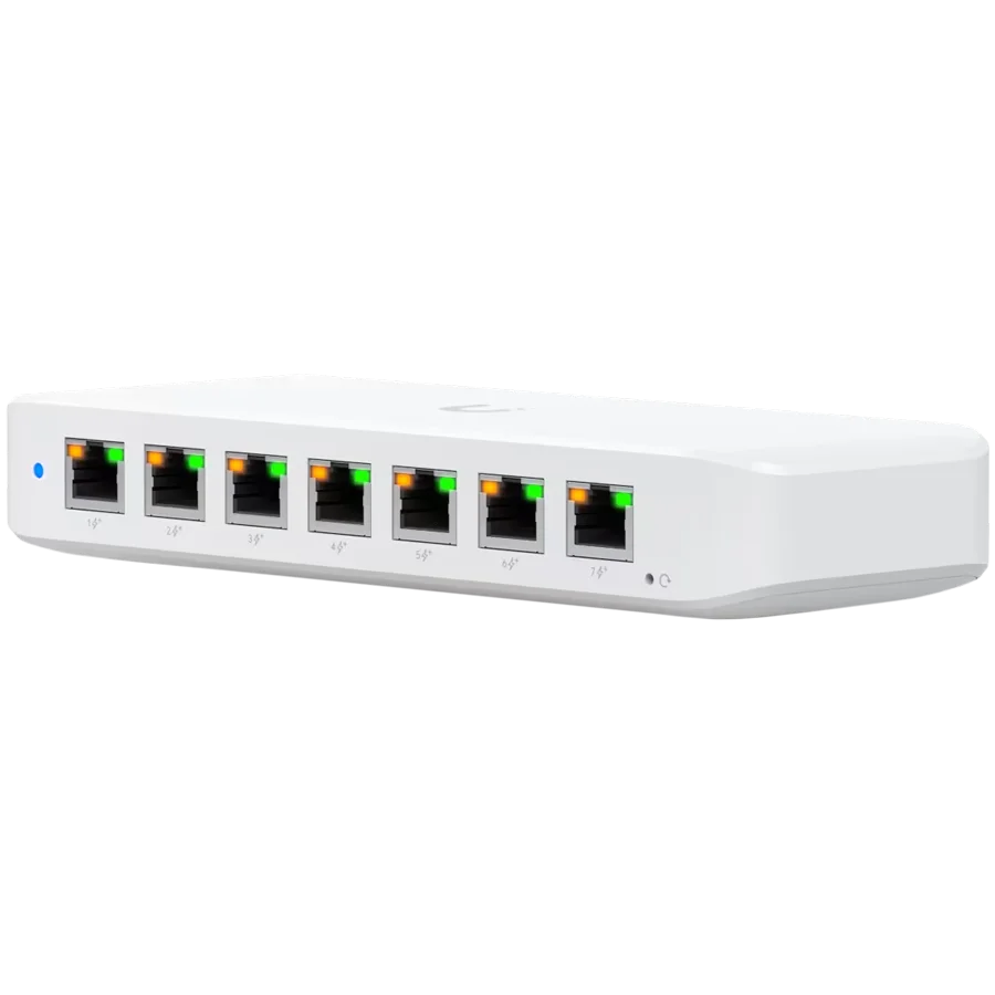 Ubiquiti USW-Ultra Layer 2, 8-port GbE PoE switch with versatile mounting options: 7x GbE PoE+ output ports, 1 xGbE PoE++ input port
