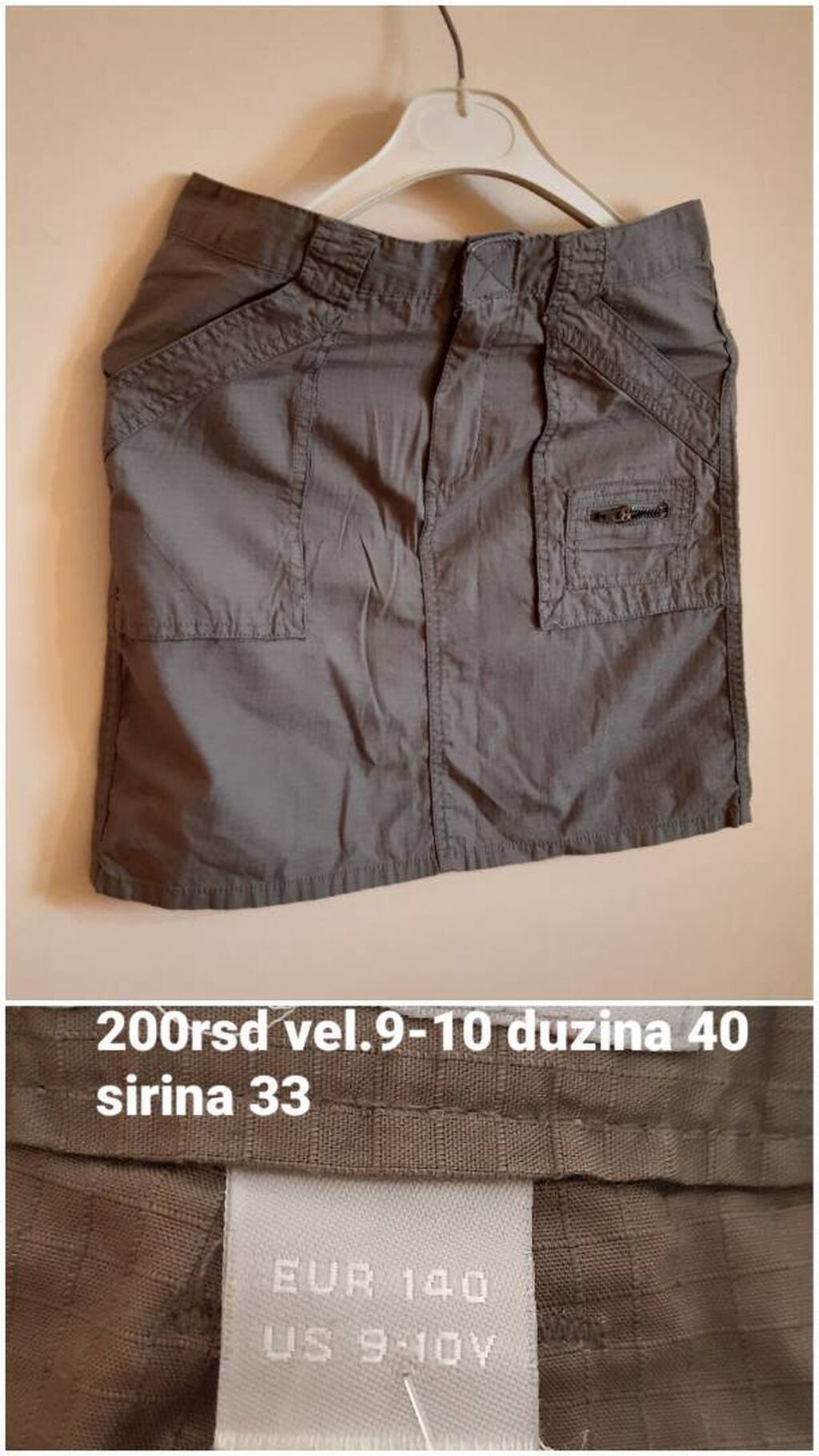 Dečja suknja, cargo stil, siva. - Veličina: EUR 140 / US 9–10Y -