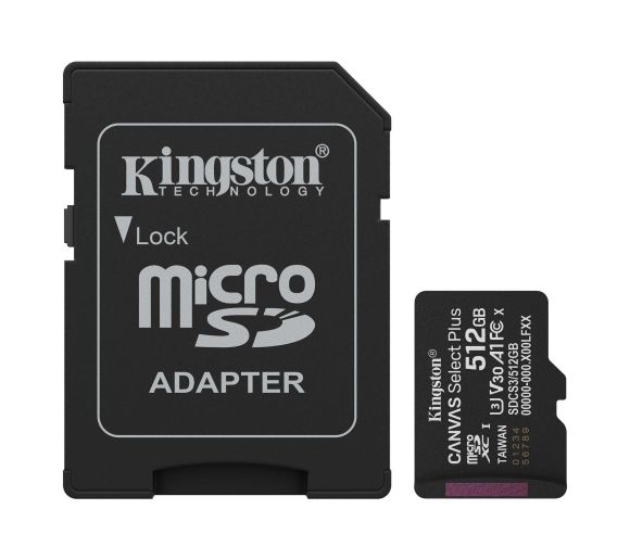 Kingston - MicroSD 512GB, Canvas Select Plus, Class 10 UHS-I U3 V30 A1, Read up to 150MB/s, w/SD adapter