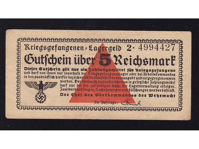 GERMANY -- WW2 -- 5 REICHSMARK 1939-1944 - VF --