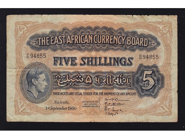EAST AFRICA --- 5  SHILLINGS 1950 -- VG/F ----