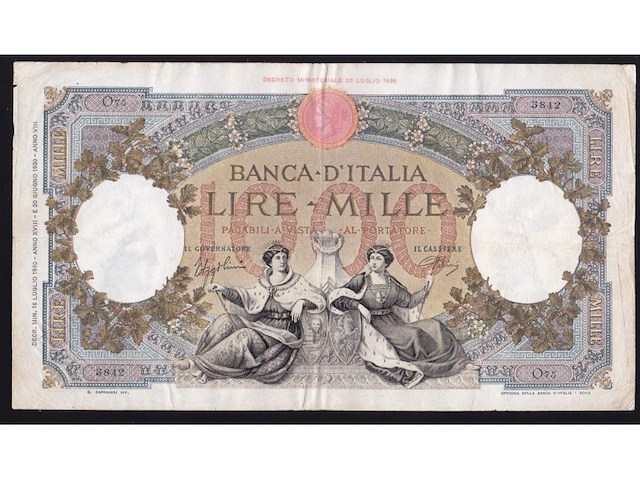 ITALY --- 1000  LIRE  1940 ---- F+ -- VELIKI FORMAT ---