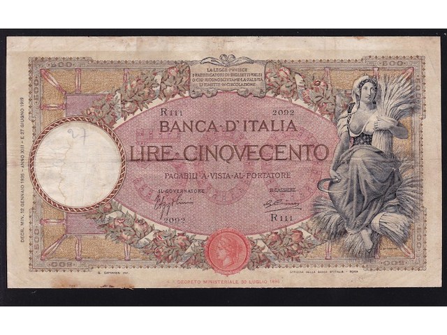 ITALY --- 500  LIRE  1935 ---- F+ - VELIKI FORMAT --