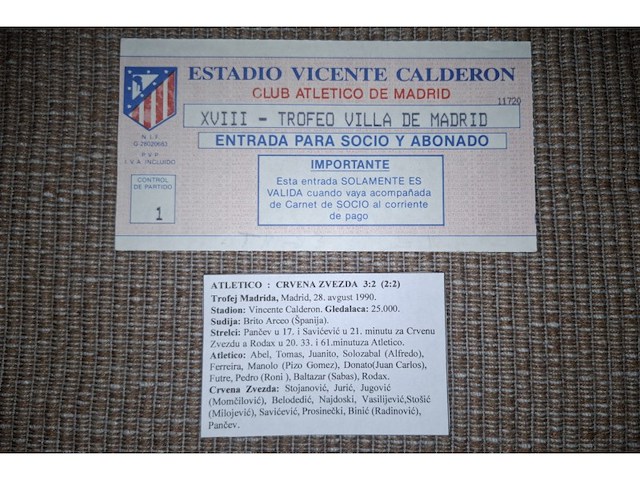 Atletiko Madrid - Crvena zvezda 28.08.1990. Ulaznica