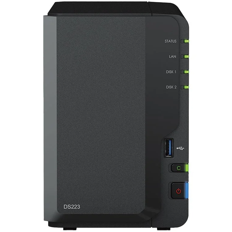 Synology DiskStation DS223, Tower, 2-bays 3.5“ SATA HDD/SSD, CPU 4-core 1.7 GHz, 2 GB DDR4 non-ECC, RJ-45 1GbE LAN Port, 3 x USB 3.2 Gen 1 Port, 1.28 kg, 2y
