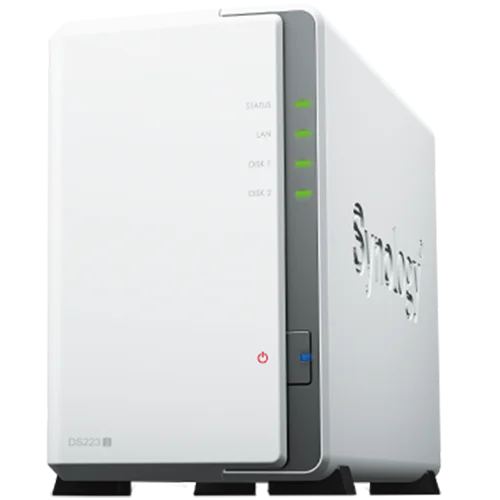 Synology DS223j, Tower, 2-bays 3.5“ SATA HDD/SSD, CPU 4-core 1.7 GHz; 1 GB DDR4 non-ECC; 1 x RJ-45 1GbE LAN Port; 2 x USB 3.2 Gen1; ; 0.88 kg; 2yr warranty