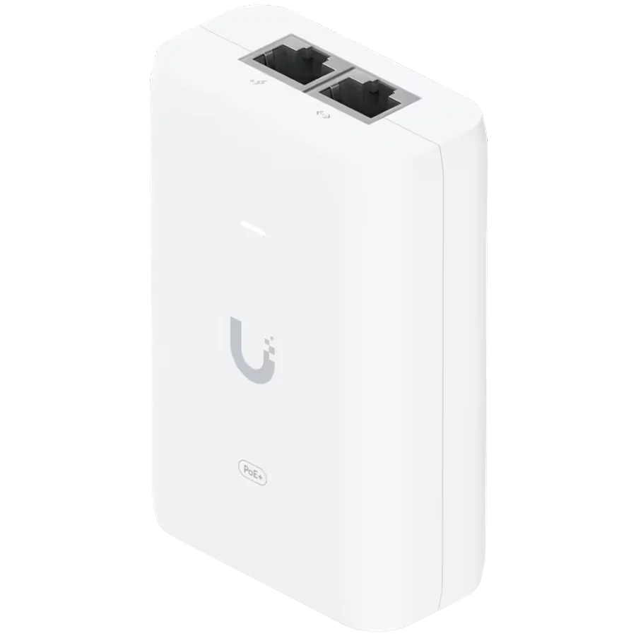 Ubiquiti U-POE+ adapter 30W, powers UniFi PoE+ devices, reduce dependency on PoE switch power, Contains RJ45 data input, AC cable with earth ground, and PoE+ output