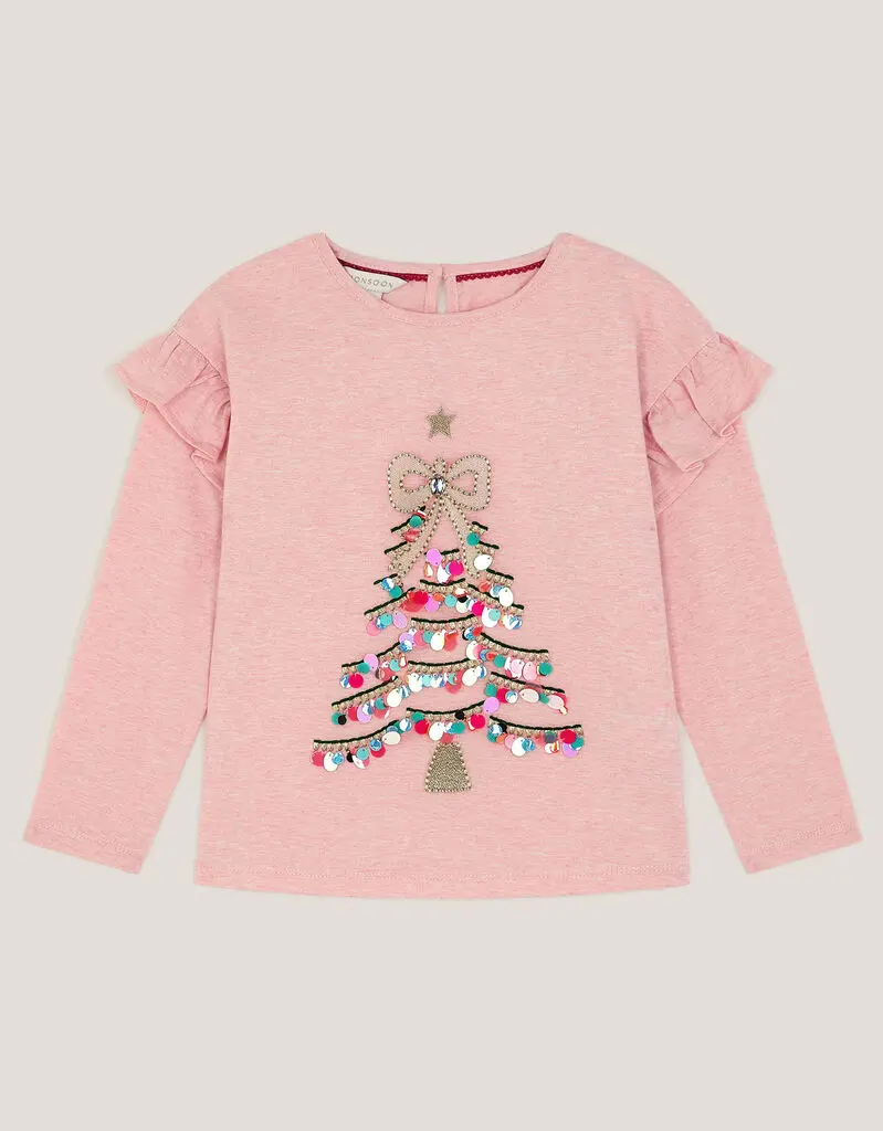 Monsoon Children Majica za devojčice Xmas Tree, Dugi rukav, Roze