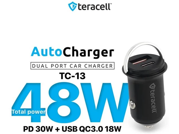 Auto punjač Teracell Evolution TC-13 PD 30W + USB QC3.0 18W, 48W (total) sa PD Lightning kablom crni