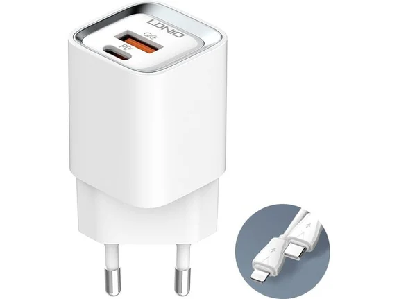 Kućni punjač LDNIO A2317C, 3.6A, QC3.0 18W, PD 30W sa Type C na Iphone lightning kablom beli