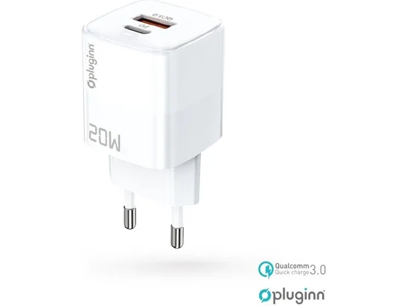 Kućni punjač Pluginn PI-D73, QC3.0 PD3.0, PPS, USB-PD 18W+20W, 38W (total) sa PD iPhone lightning kablom beli CE