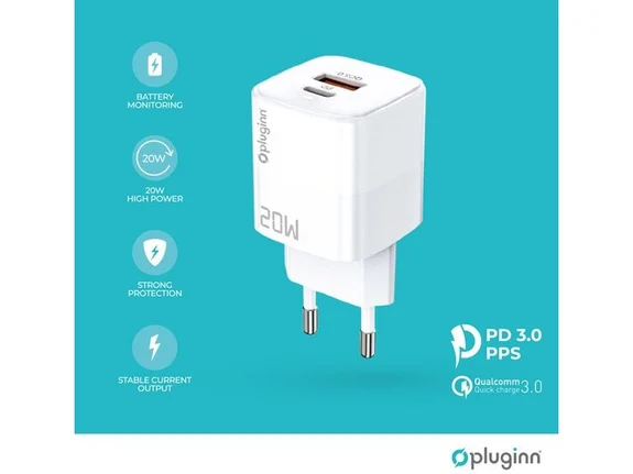 Kućni punjač Pluginn PI-D73, QC3.0 PD3.0, PPS, USB-PD 18W+20W, 38W (total) sa kablom Type-C na iPhone Lightning beli